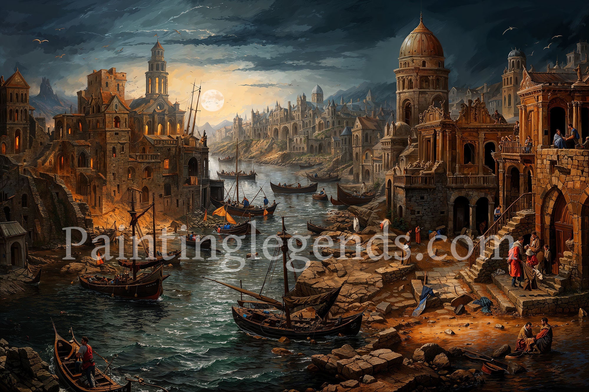 Flemish Renaissance Harbor at Sunset Poster Mediterranean Old Town ...