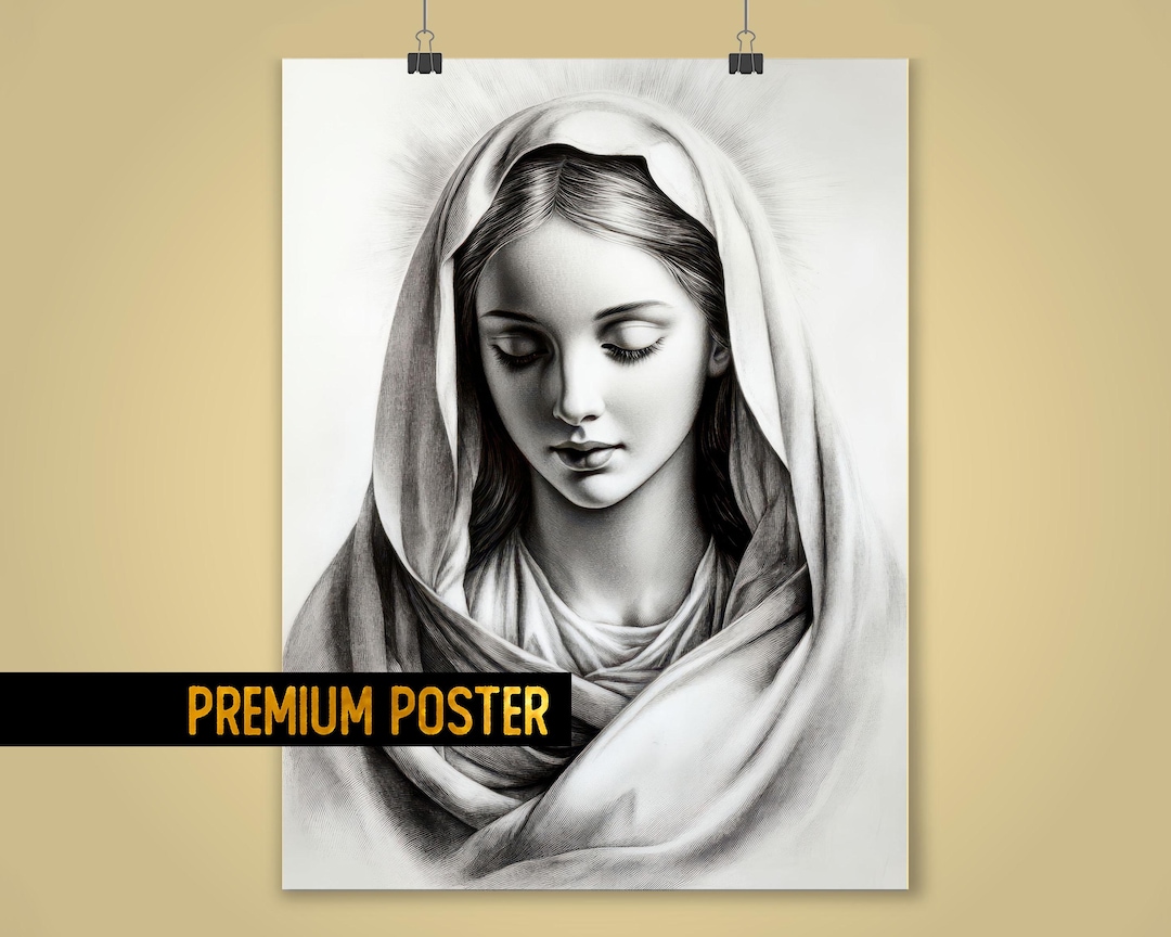 Sacred Mary Charcoal Sketch Portrait Poster - Blessed Virgin Mary ...