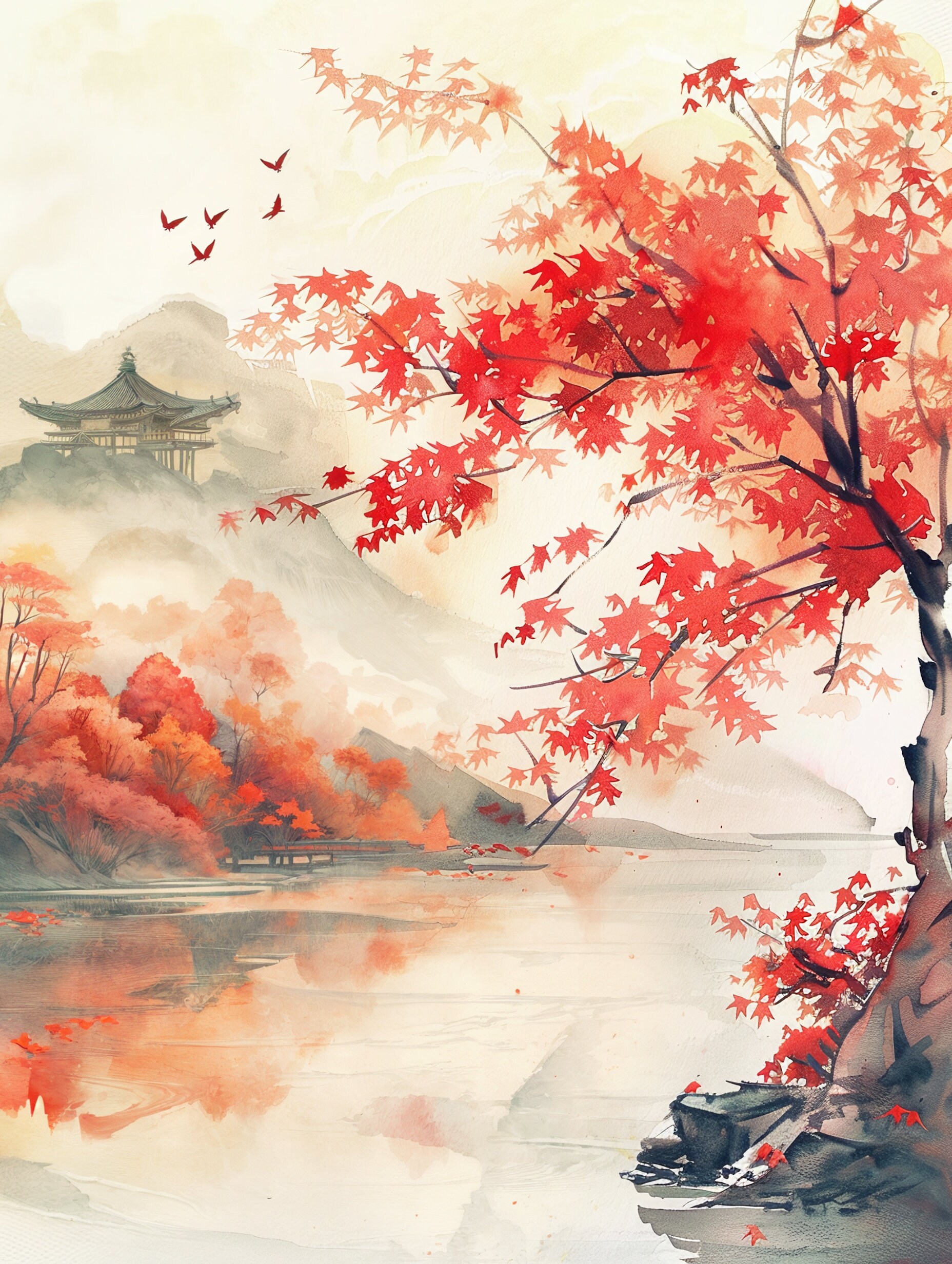 Japanese Maple Tree Painting Poster - Japanese Watercolor Landscape Art ...