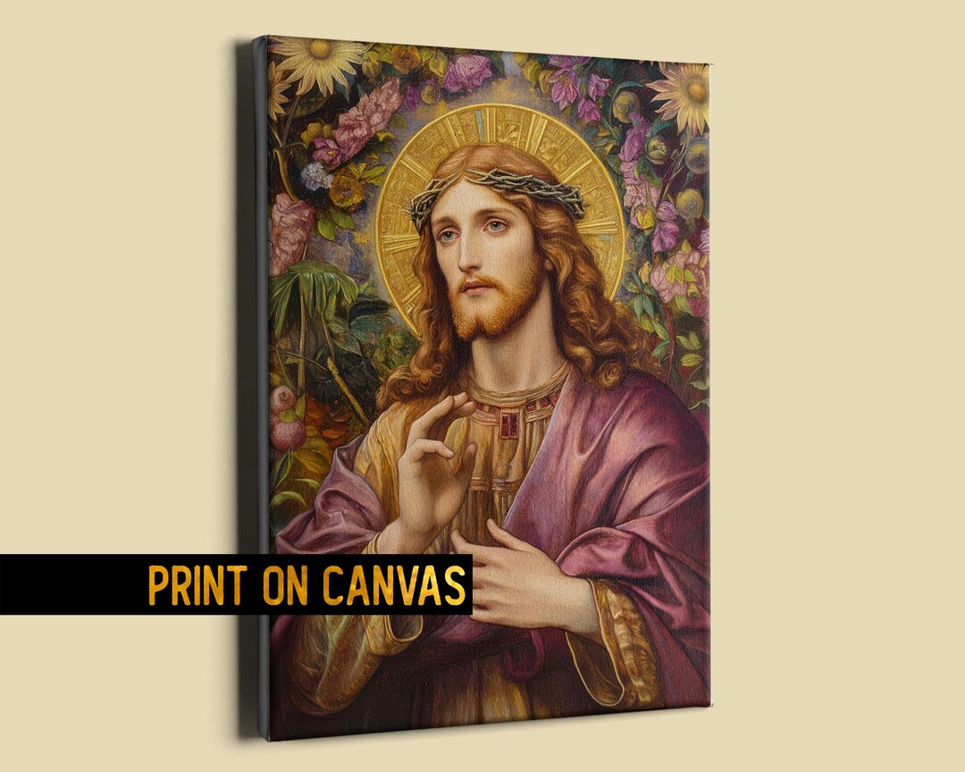 Floral Pre-raphaelite Jesus Canvas - Devotional Romantic Son of God ...