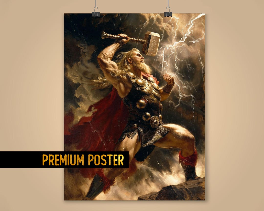 Norse God Thor Digital Art Poster – Viking Thunder God With Mjolnir ...