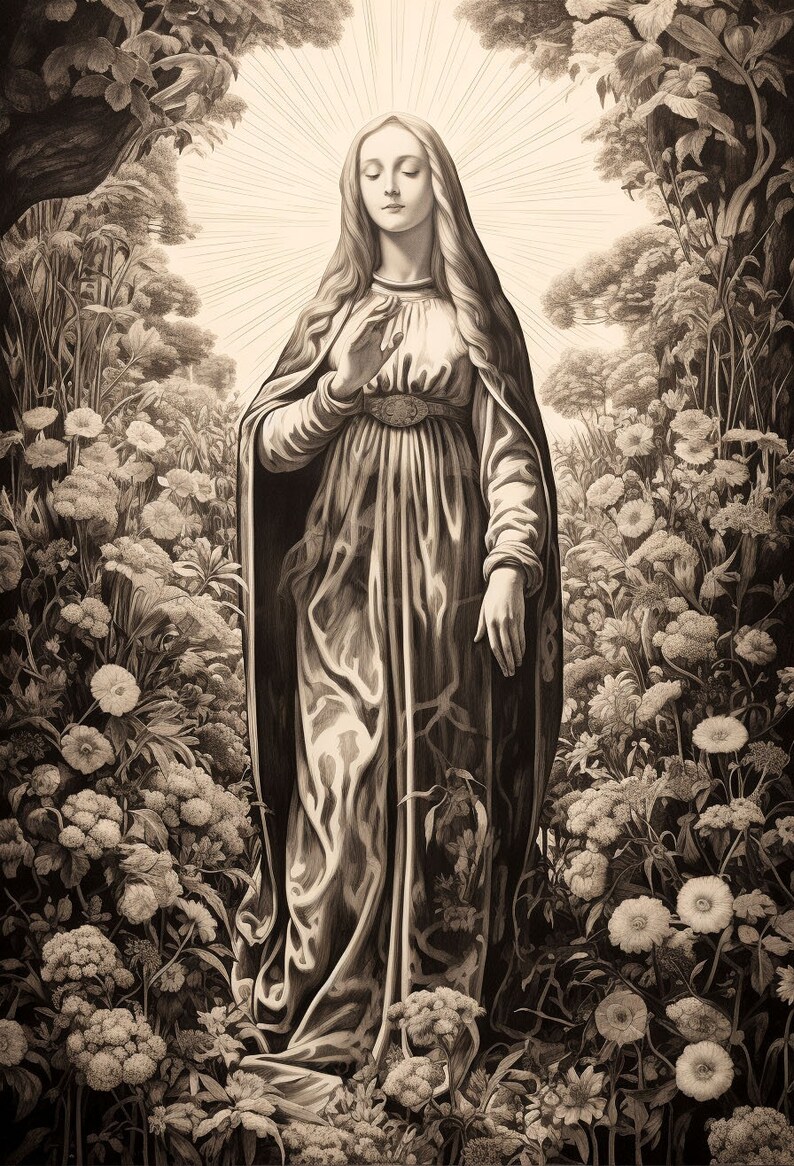 Virgin Mary Line Art Canvas Monochromatic Print for Peaceful Home Decor ...