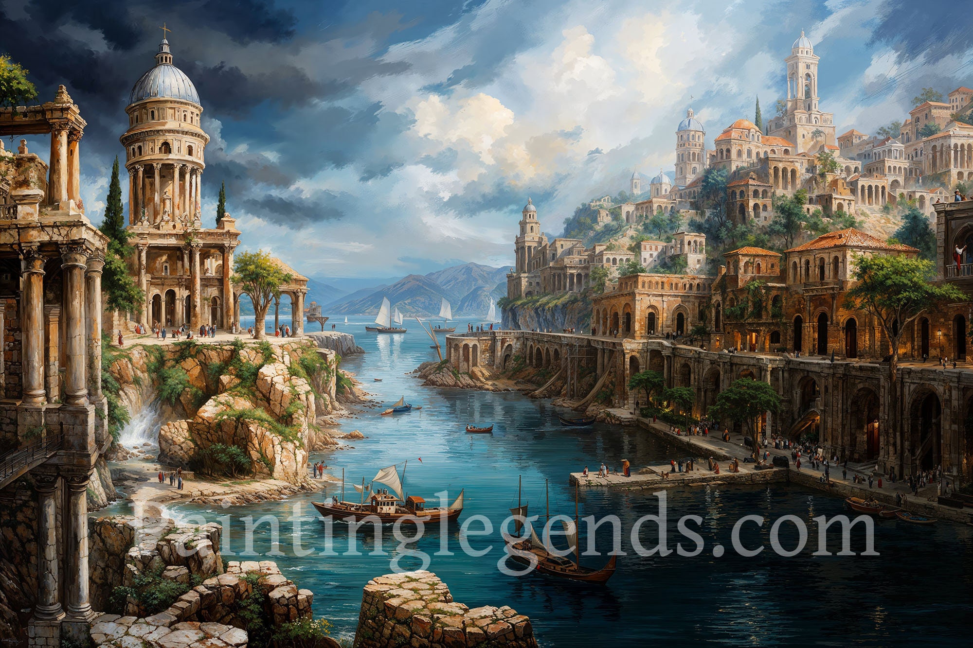 Moonlight Over Ancient Greek Port Poster Classical Architecture ...