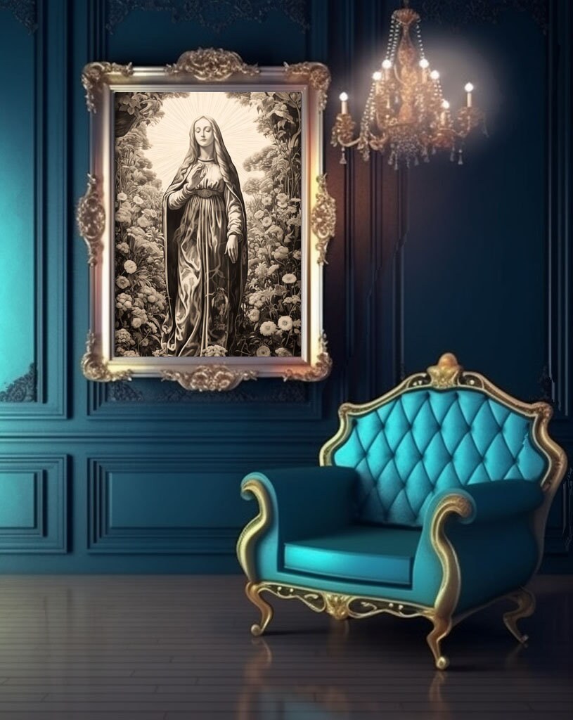 Virgin Mary Line Art Canvas Monochromatic Print for Peaceful Home Decor ...