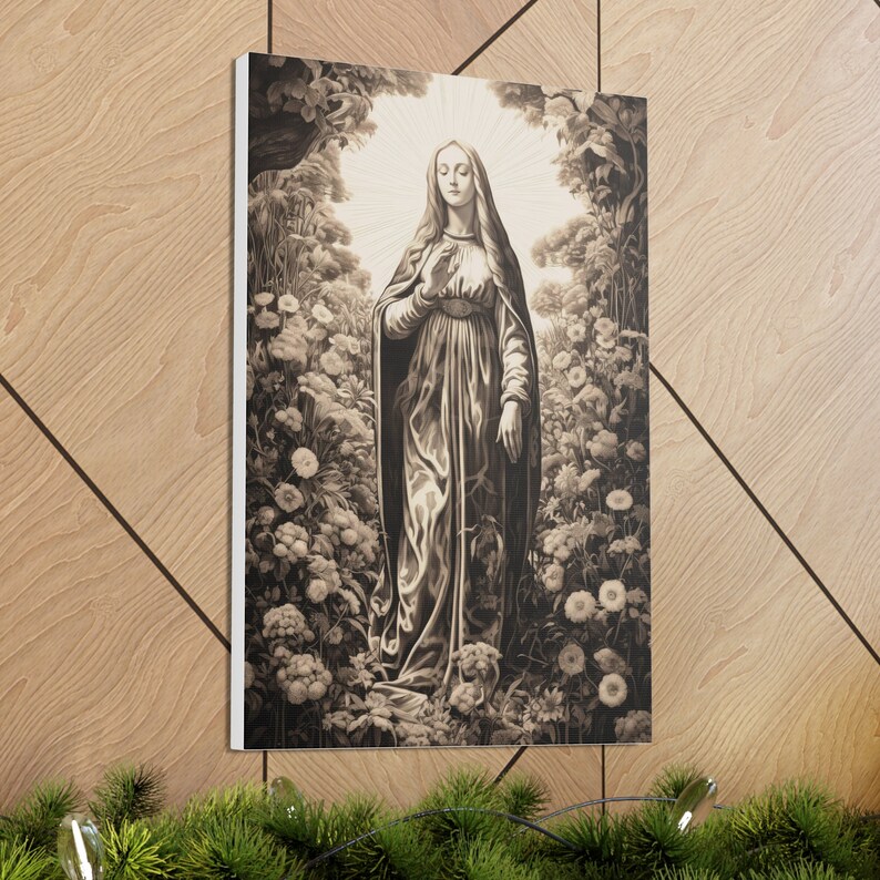 Virgin Mary Line Art Canvas Monochromatic Print for Peaceful Home Decor ...