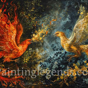 Enchanting Romantic Rococo Fire Birds Fantasy Painting, Mythological ...