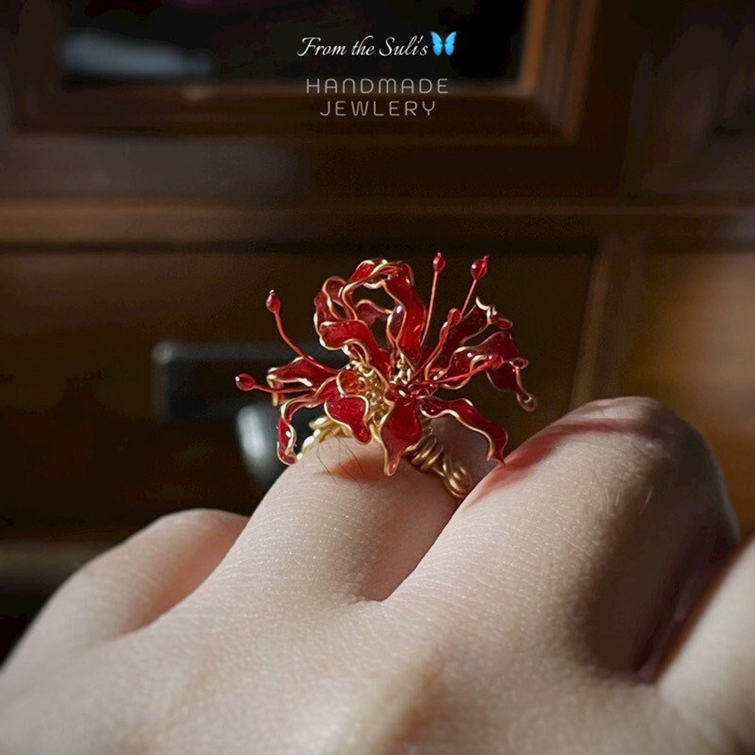 Red Spider Lily Ring, Spider Lily Ring, Lycoris Radiata Ring, Red Spider Lily Jewelry, Handmade ...