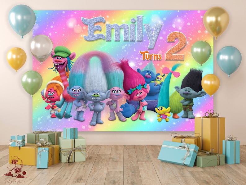 Birthday Backdrop Trolls Theme, Trolls Birthday Backdrop, Trolls Party ...