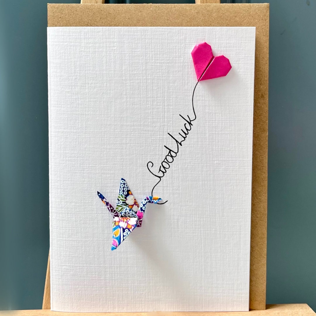 Handmade Good Luck Card - Origami Crane Blue & Purple Floral Japanese ...