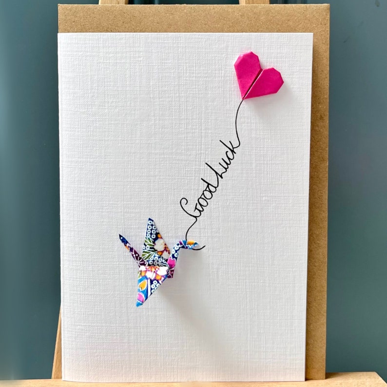 Handmade Good Luck Card - Origami Crane Blue & Purple Floral Japanese ...