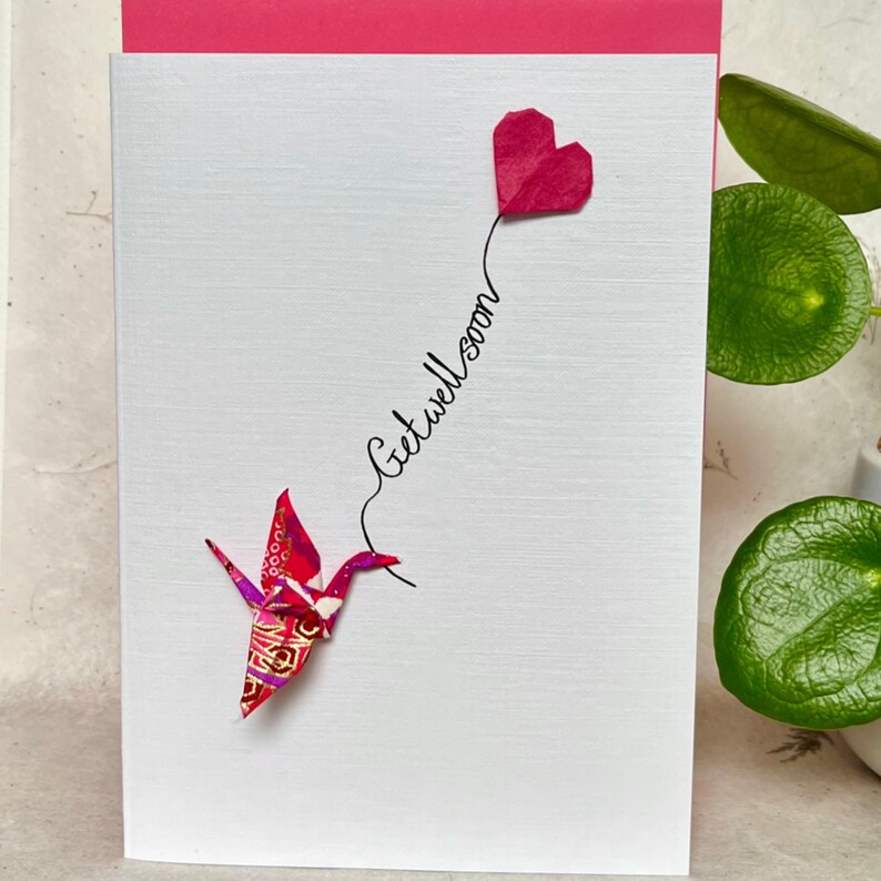 Handmade Get Well Soon Card - Origami Crane, Fuchsia, Pink Heart ...