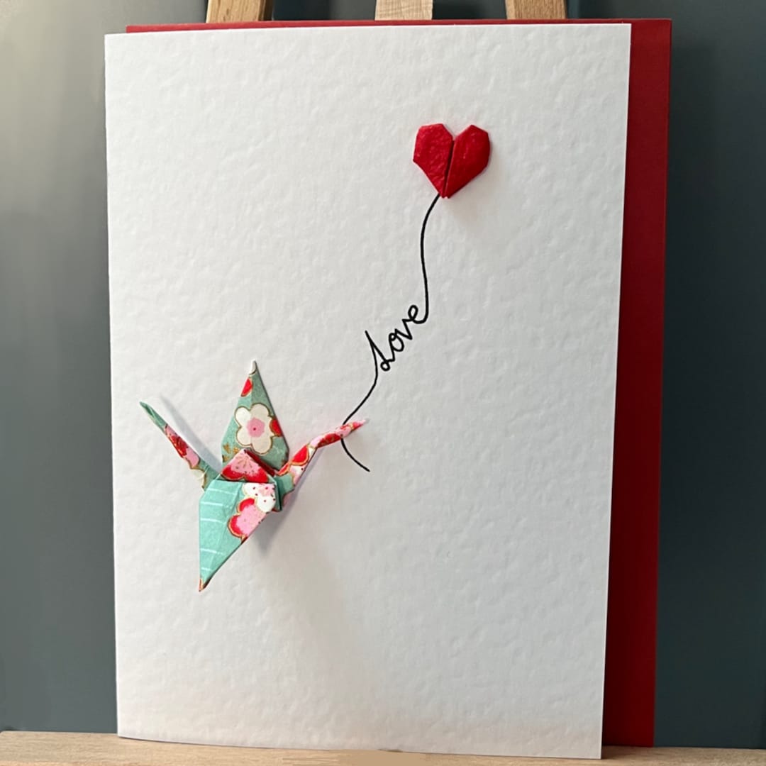 Handmade Greetings Card Origami Crane & Red Mulberry Heart Balloon ...
