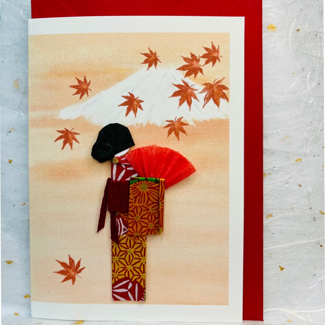 Handmade Card Japanese Origami Geisha Using Yuzen Washi Paper, Red Fan ...