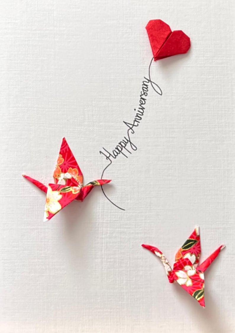 Handmade Anniversary Card Origami Cranes Red Heart Japanese Paper ...