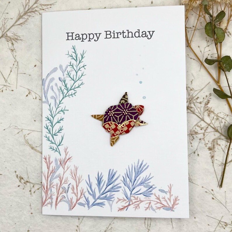 Handmade Birthday Card Origami Sea Turtle Japanese Yuzen Paper Brown ...