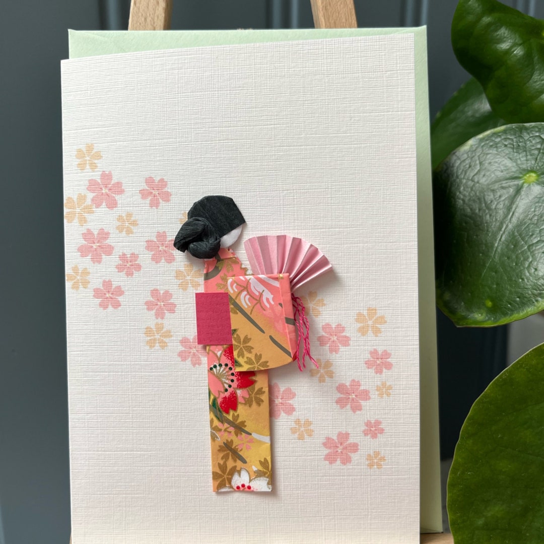 Handmade Card Origami Japanese Geisha Holding a Fan Using Yuzen Washi ...