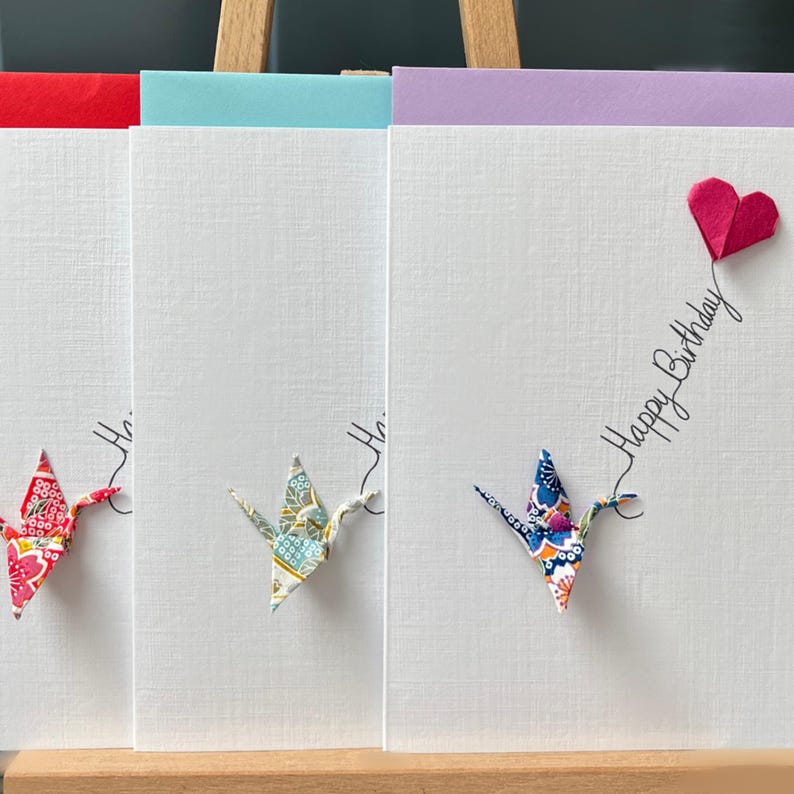 Set of 3 Handmade Birthday Card Origami Cranes Japanese Chiyogami Yuzen ...