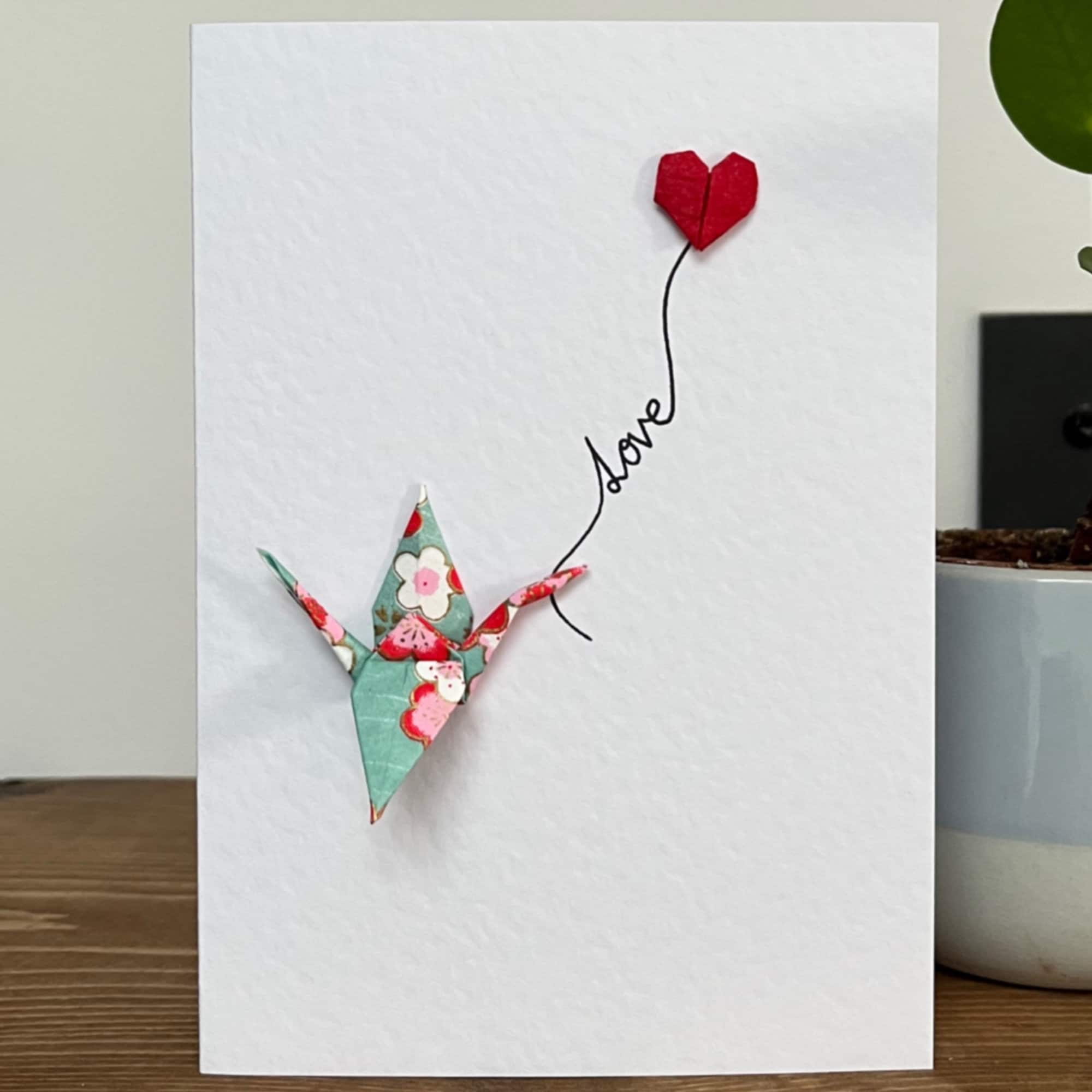 Handmade Greetings Card Origami Crane & Red Mulberry Heart Balloon ...