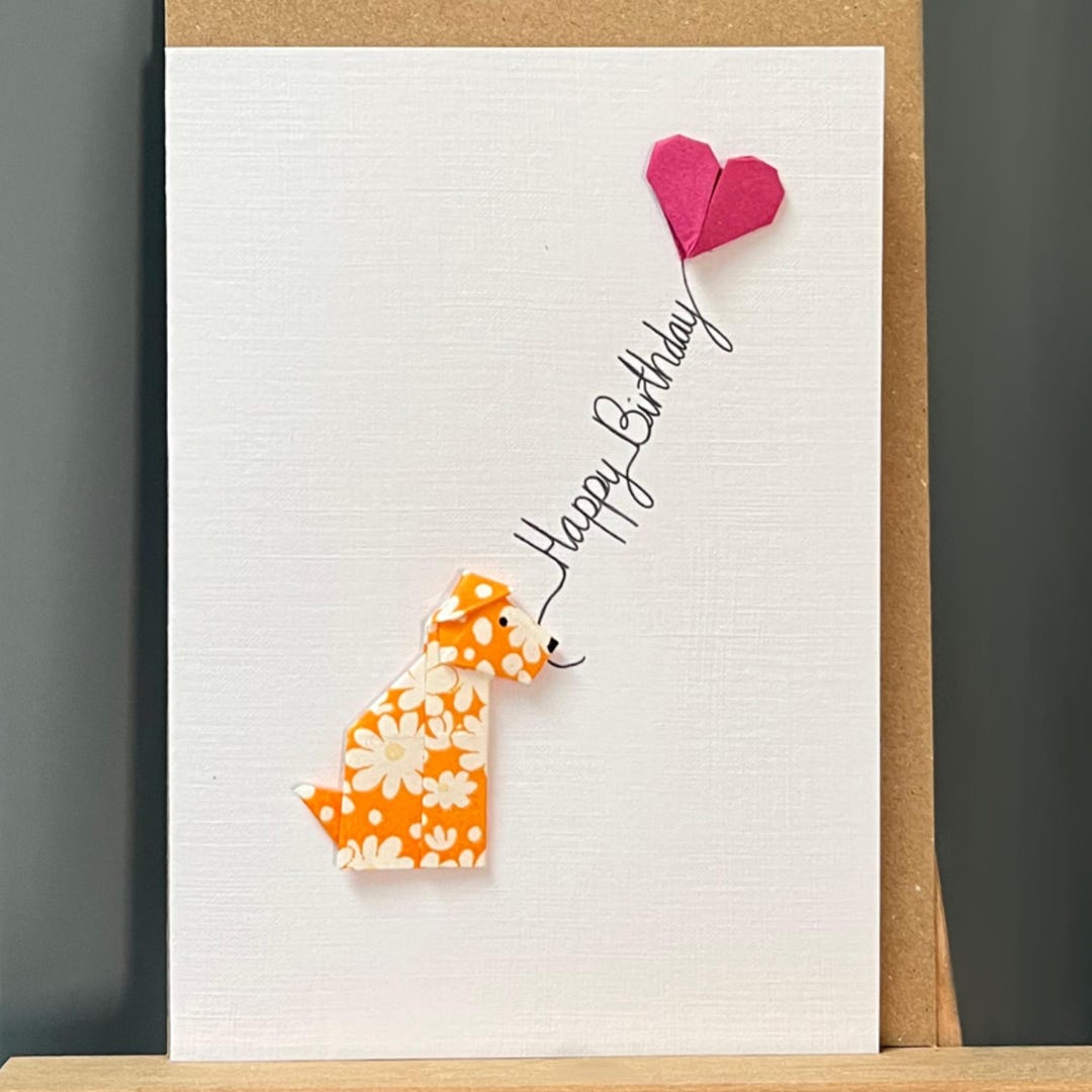 Handmade Birthday Card Origami Sitting Orange Floral Dog Pink Heart for ...