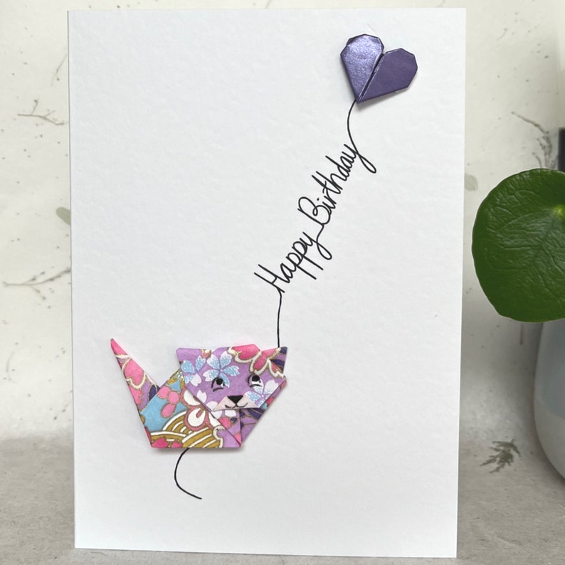 Customisable Happy Birthday Card Origami Cat Lilac and Purple Heart ...