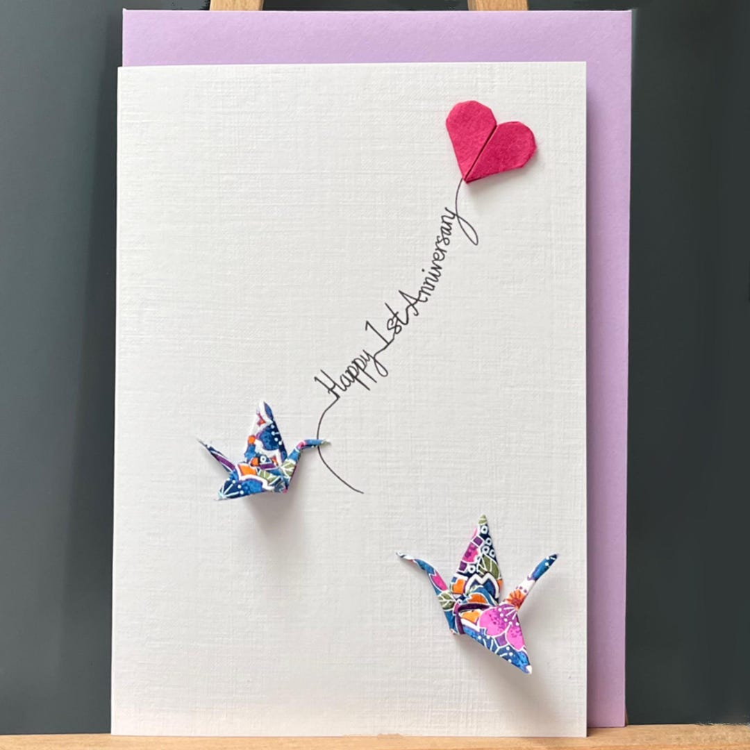 Handmade Happy 1st Anniversary Card 2 Origami Cranes & Cerise Heart ...