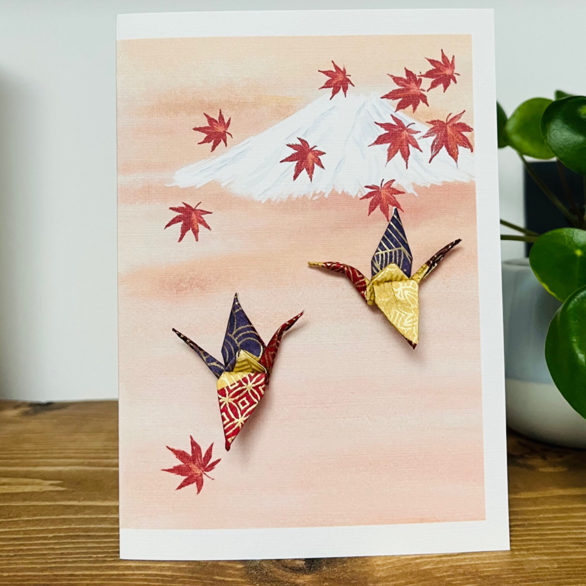 Handmade Greetings Card Two Origami Cranes , Mount Fuji and Acer Leaves ...