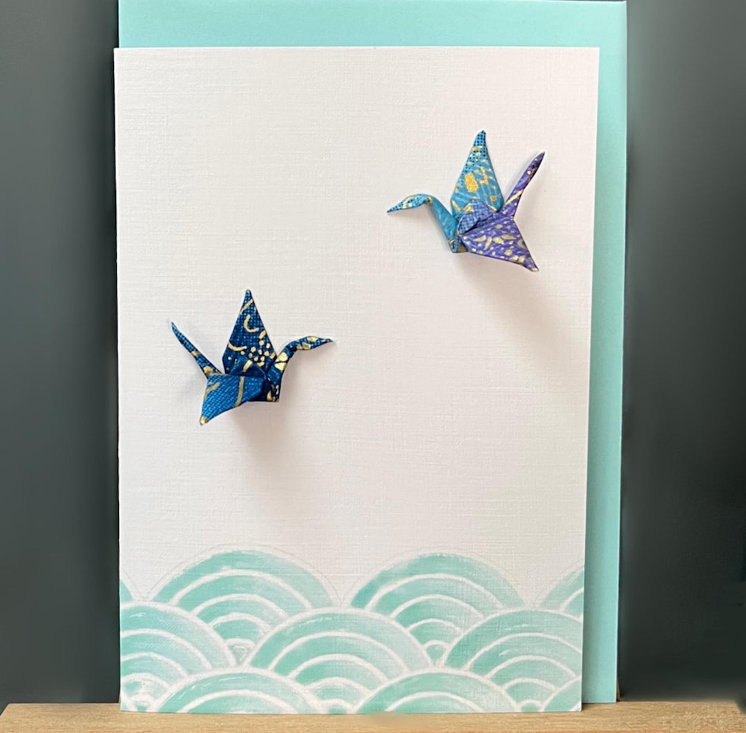 Handmade Greeting Card 2 Origami Cranes & Turquoise Blue Waves Japanese ...