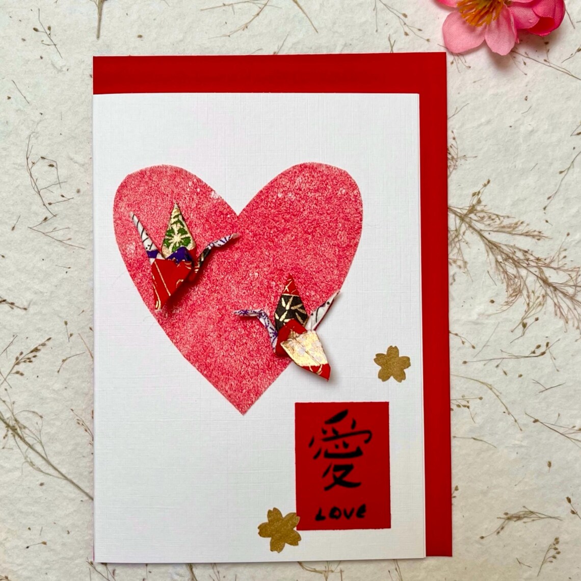 Greetings Card Handmade Love Calligraphy & Origami Cranes With Japanese ...
