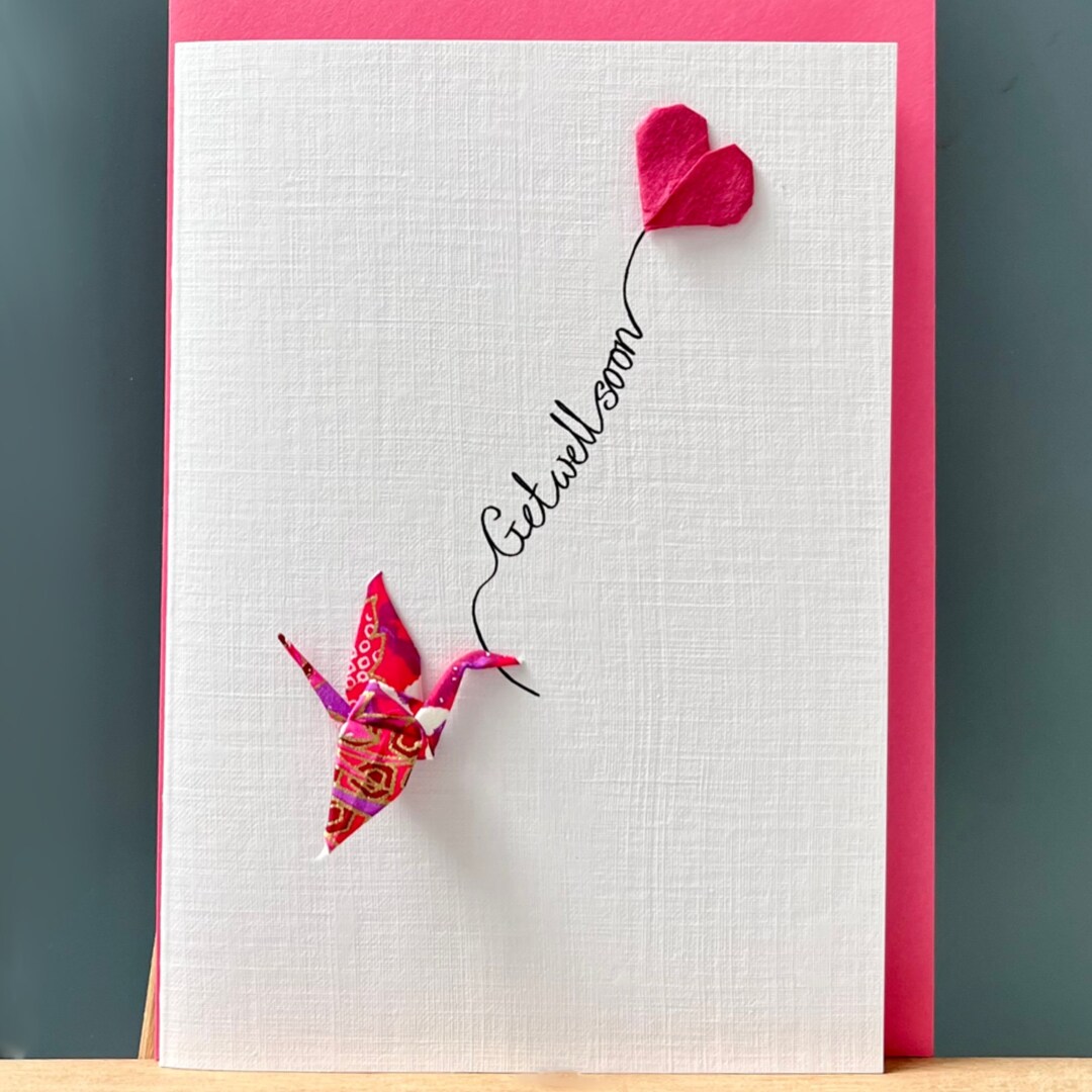 Handmade Get Well Soon Card - Origami Crane, Fuchsia, Pink Heart ...
