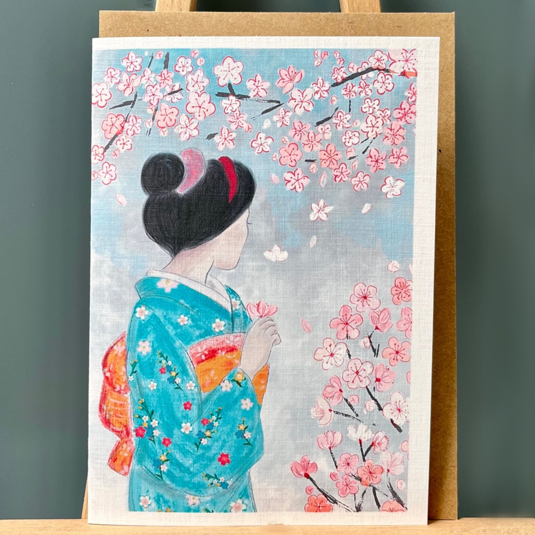 Japanese Style Greetings Card Maiko Turquoise Kimono and Blossoms - Etsy UK
