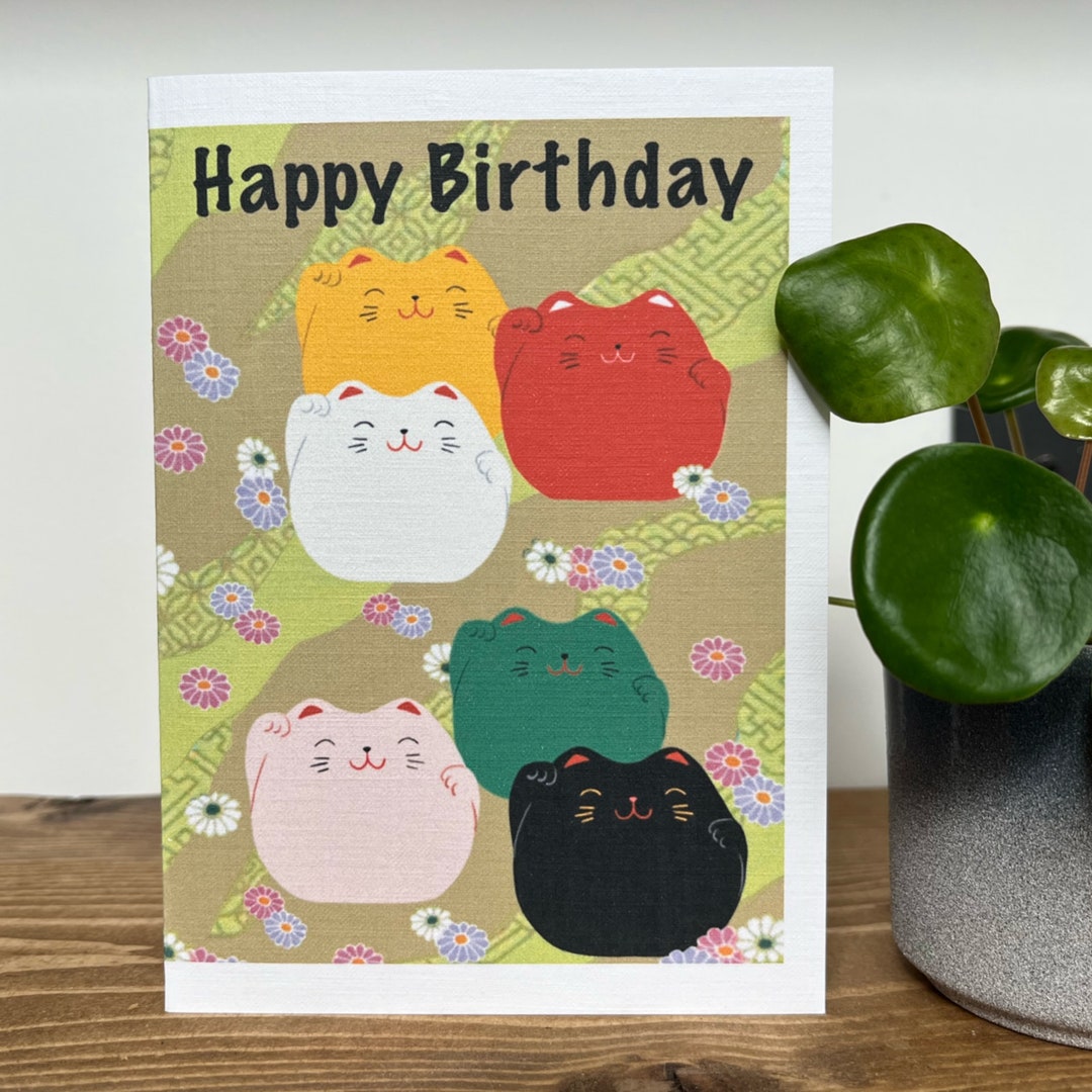 Happy Birthday Card Set of Six Japanese Maneki Neko Lucky Cats in ...