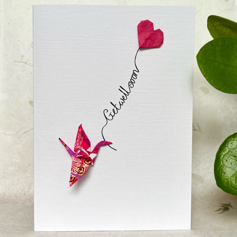Handmade Get Well Soon Card - Origami Crane, Fuchsia, Pink Heart ...