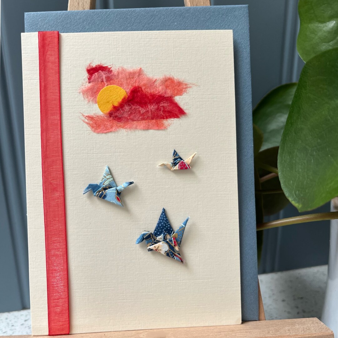 Handmade Greetings Card Three Japanese Washi Paper Origami Cranes With ...