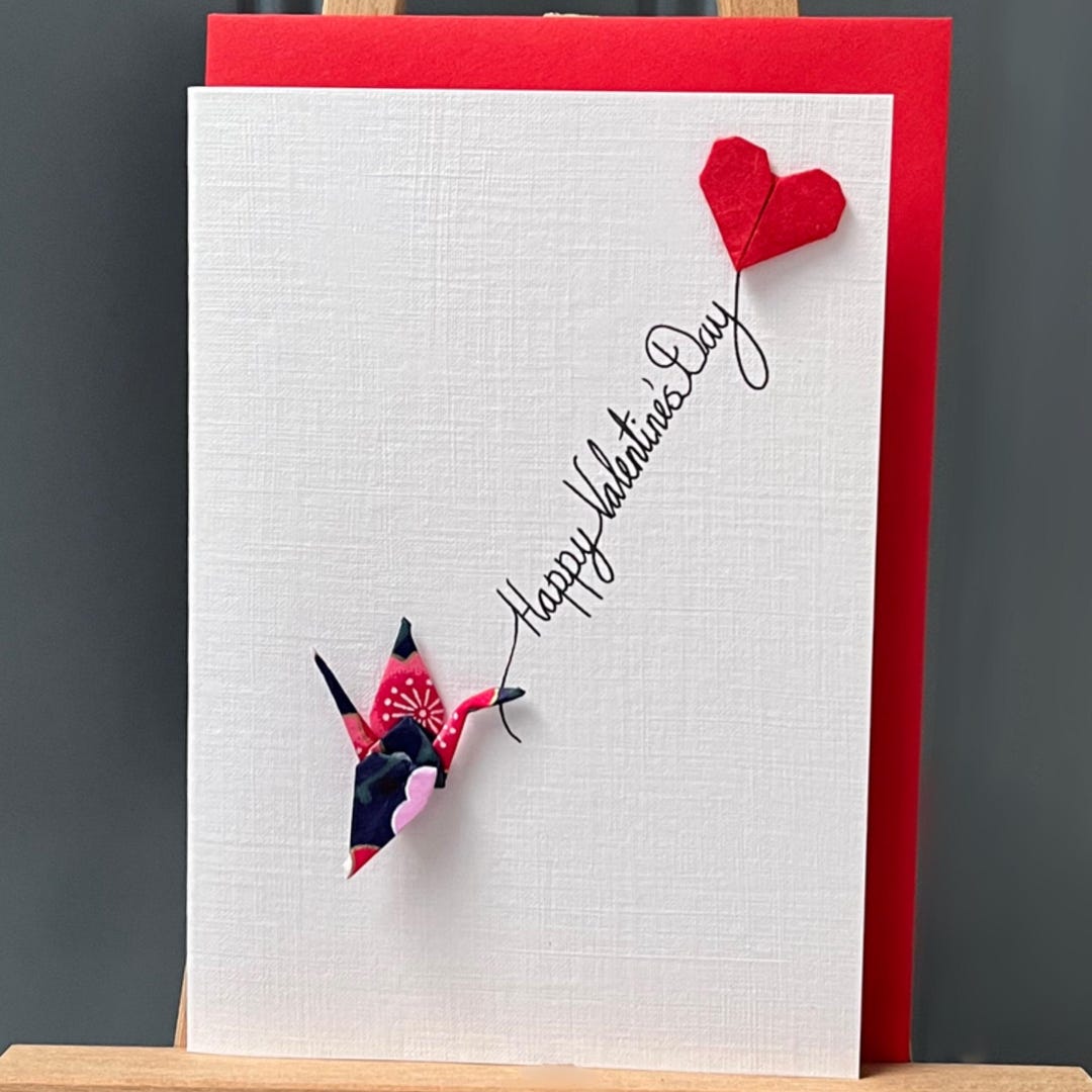 Happy Valentine's Day Card Handmade Origami Crane Cerise Pink Sakura ...