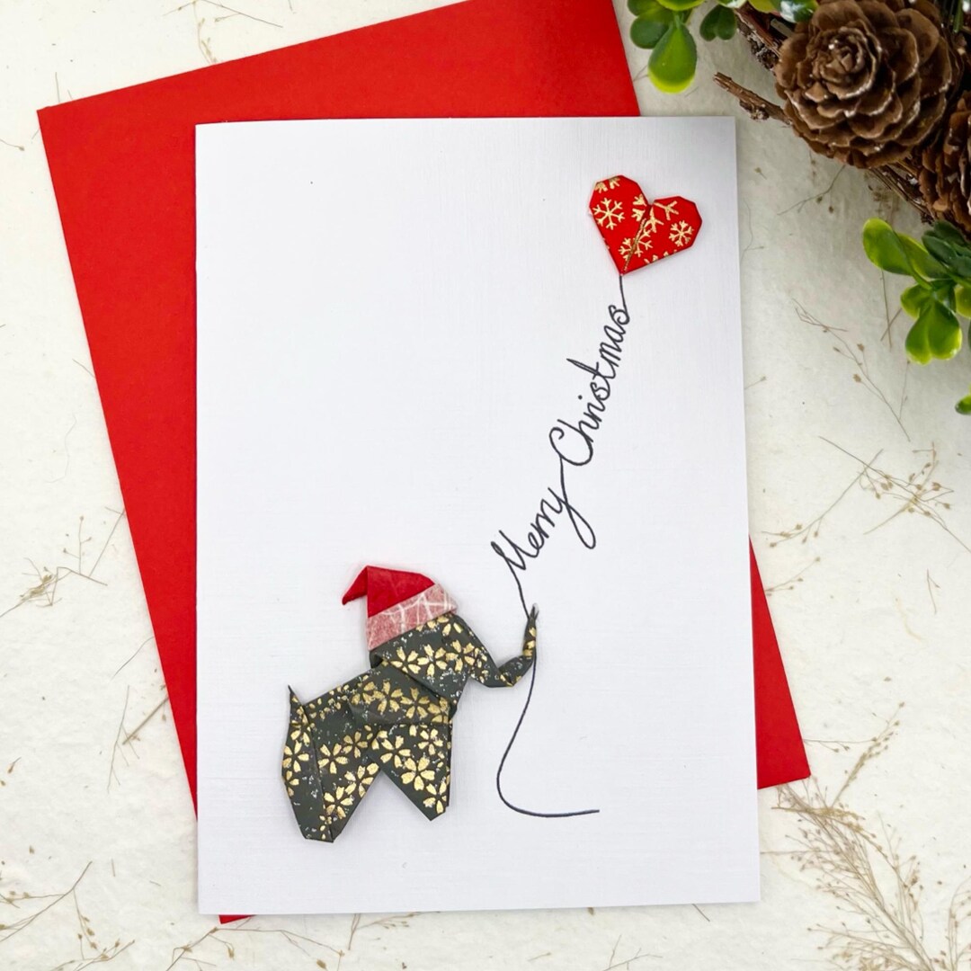 Handmade Christmas Card Origami Elephant Grey, Santa's Hat & Red Heart ...