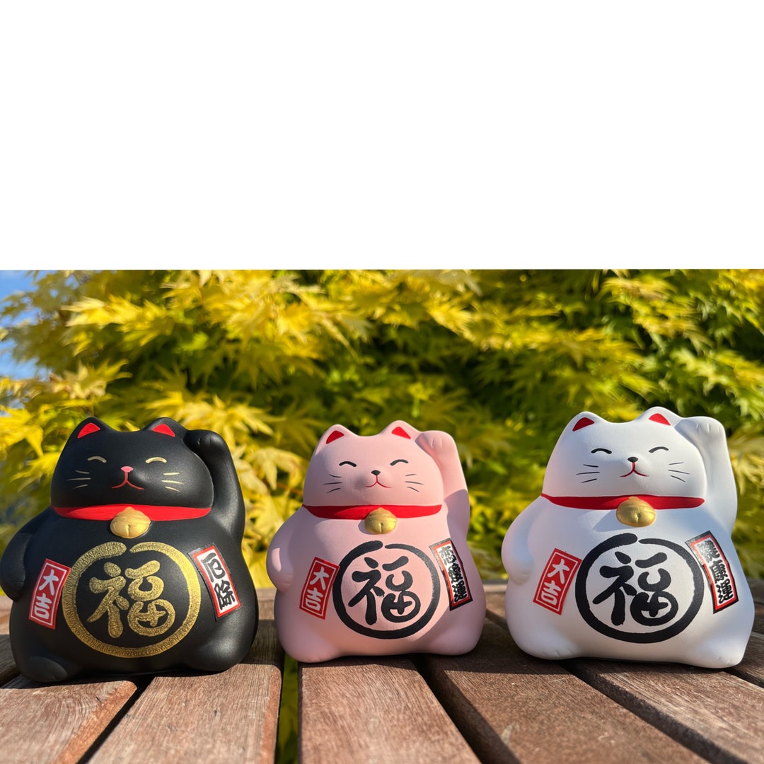 Japanese Maneki Neko Medium Lucky Cats Set of 3 White Pink and Black - Etsy