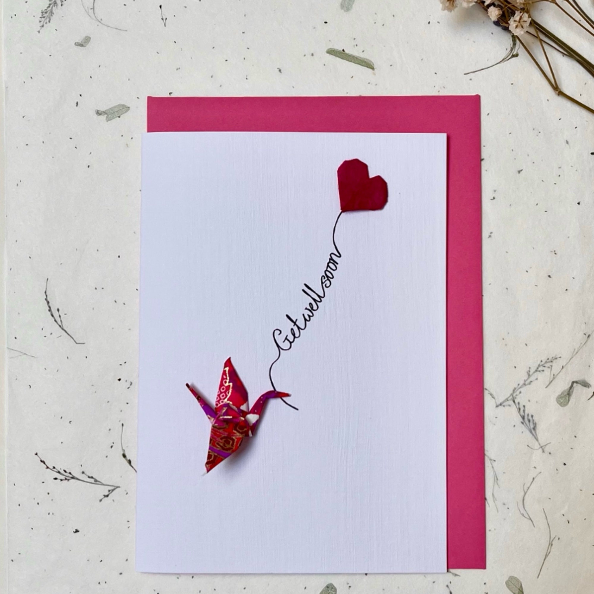 Handmade Get Well Soon Card - Origami Crane, Fuchsia, Pink Heart ...