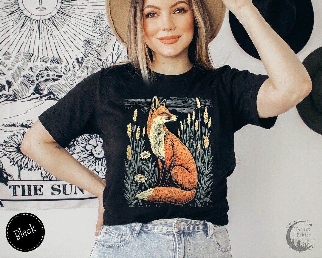 Linocut Fox in a Wildflower Field Tshirt, Vintage Cottagecore Shirt ...