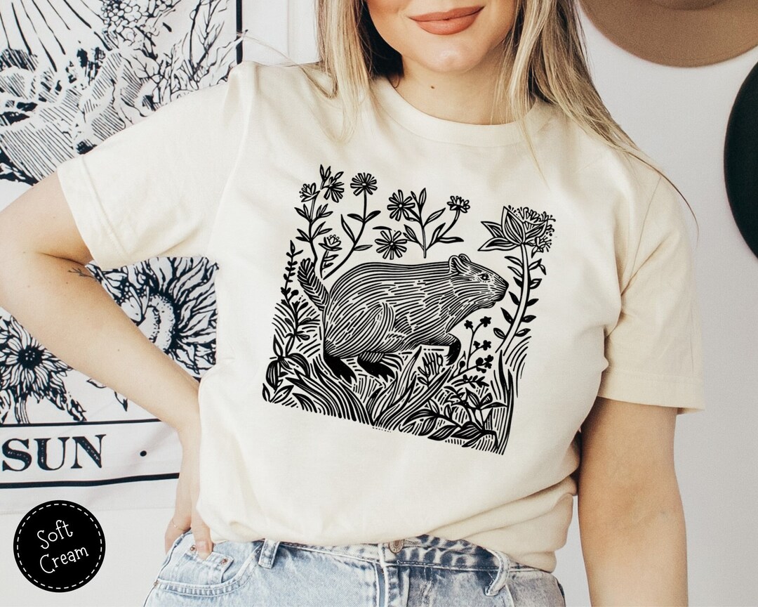Vintage Folklore Capybara Shirt, Linocut Tshirt, Cottagecore Lino Print ...