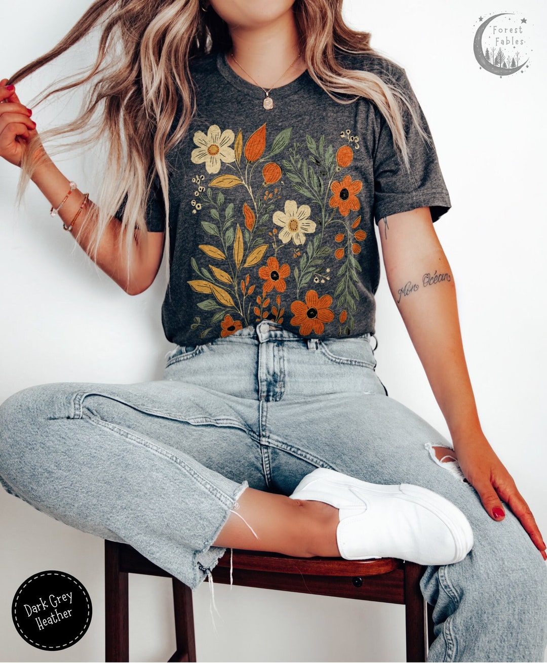 Retro Pressed Wildflower Shirt, Art Nouveau Flower Tshirt, Floral Boho ...