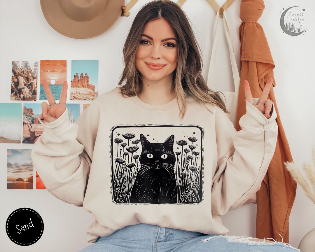 Folklore Black Cat in Flower Field Sweatshirt, Vintage Folk Art Kitty ...