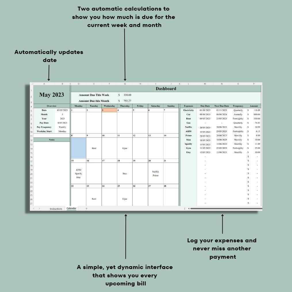 Simple Bill Calendar | Excel Calendar Spreadsheet | Financial Planner ...