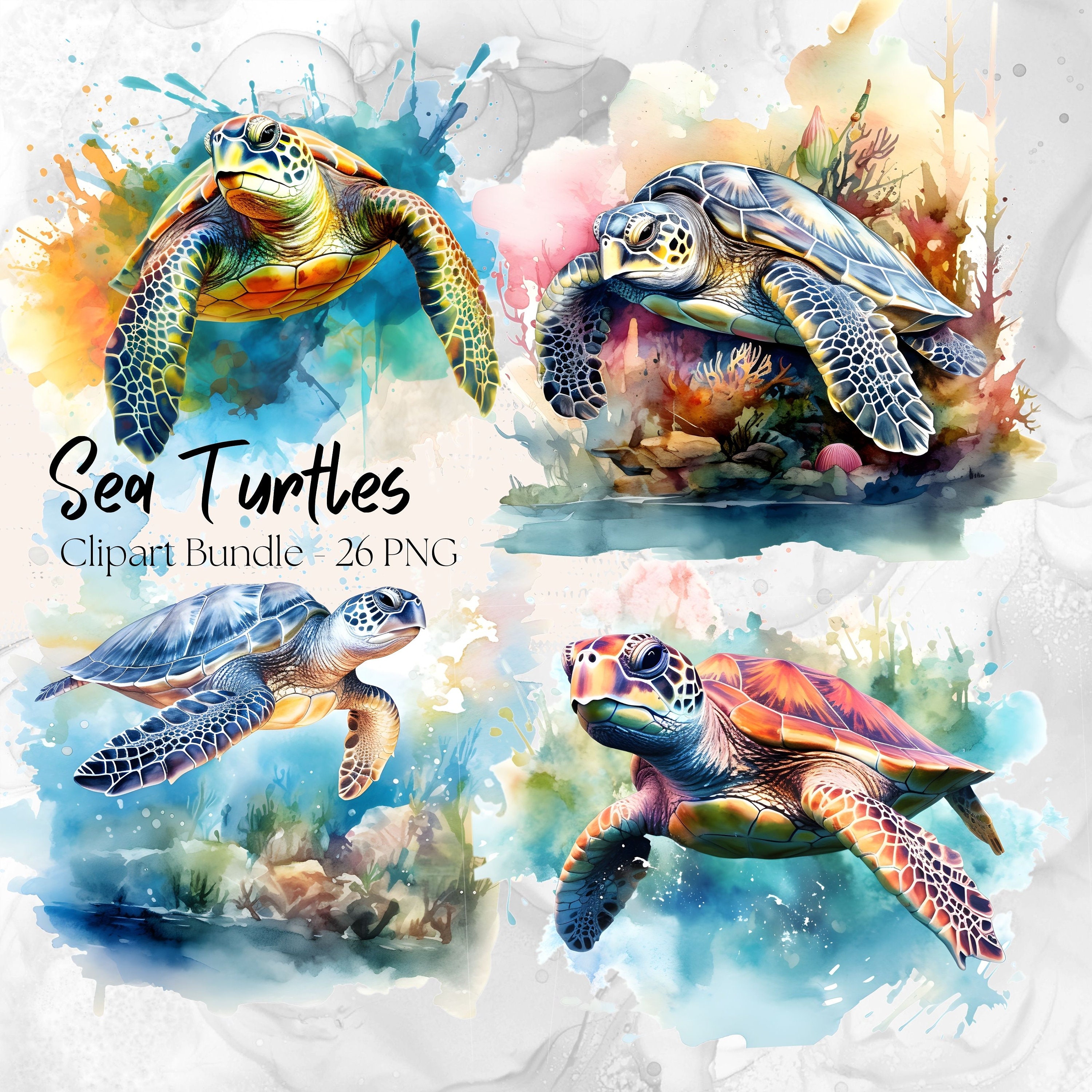 Watercolor Sea Turtles Clipart Bundle Paper Crafting Collage Etsy