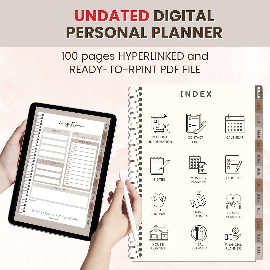 Undated Digital Planner Hyperlinked Digital Personal Planner Travel ...