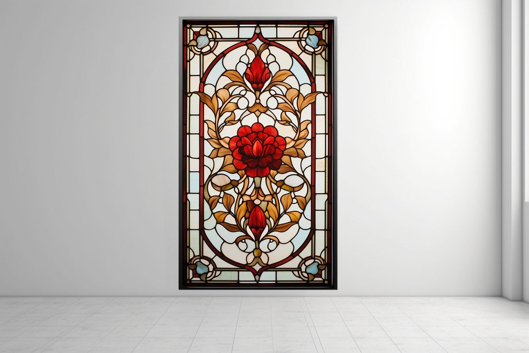 Vintage Red Rose Stained Glass Canvas Art Floral Window Panel Print ...