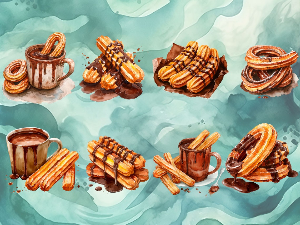 15 Churros and Chocolate, Png, Watercolor, Clipart, Scrapbook, Junk ...