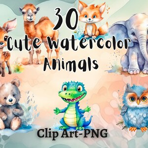 30 Cute Watercolor Animals, Png, Digital Download, Paper Craft, Clipart ...
