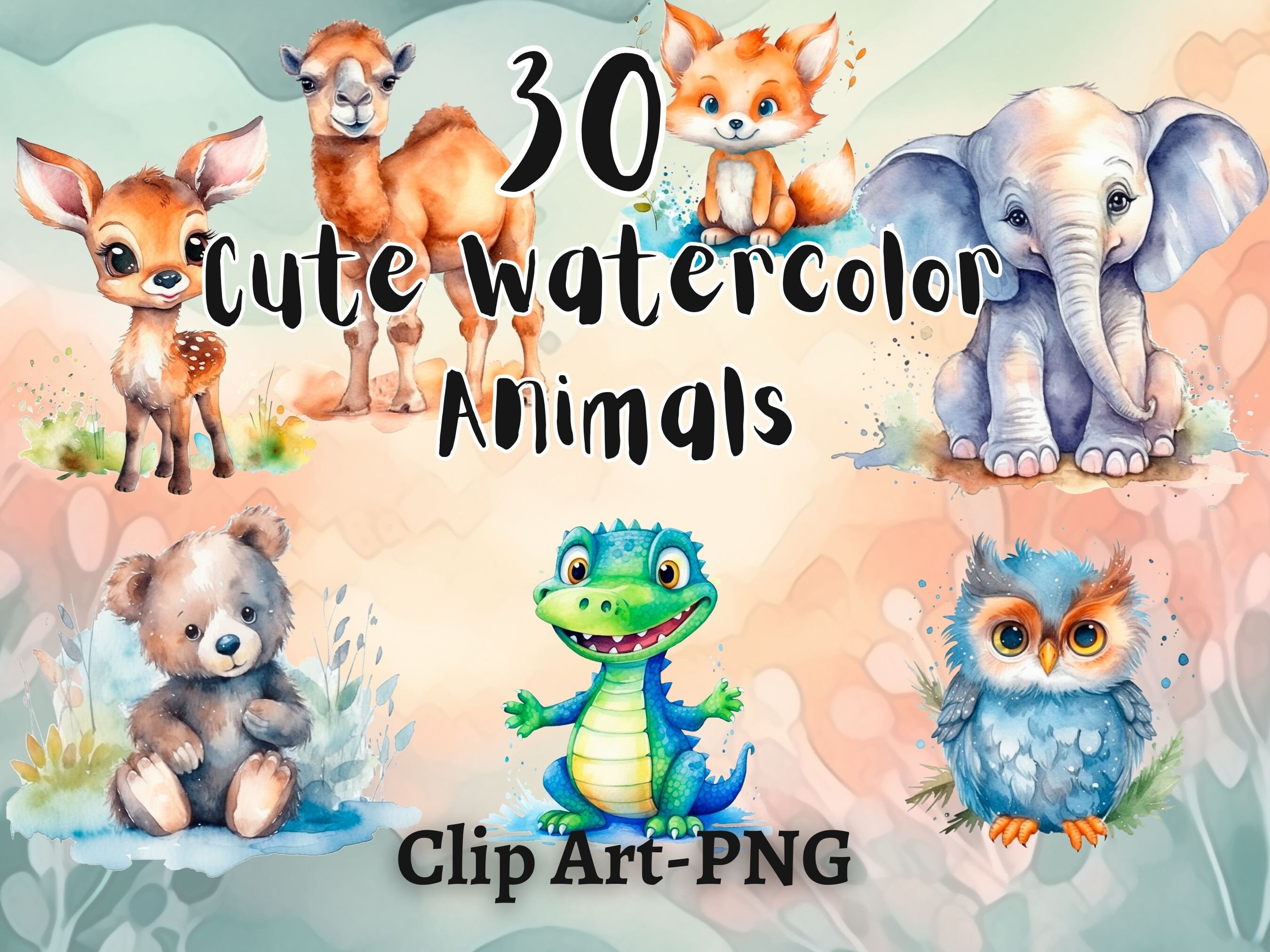 30 Cute Watercolor Animals, Png, Digital Download, Paper Craft, Clipart ...