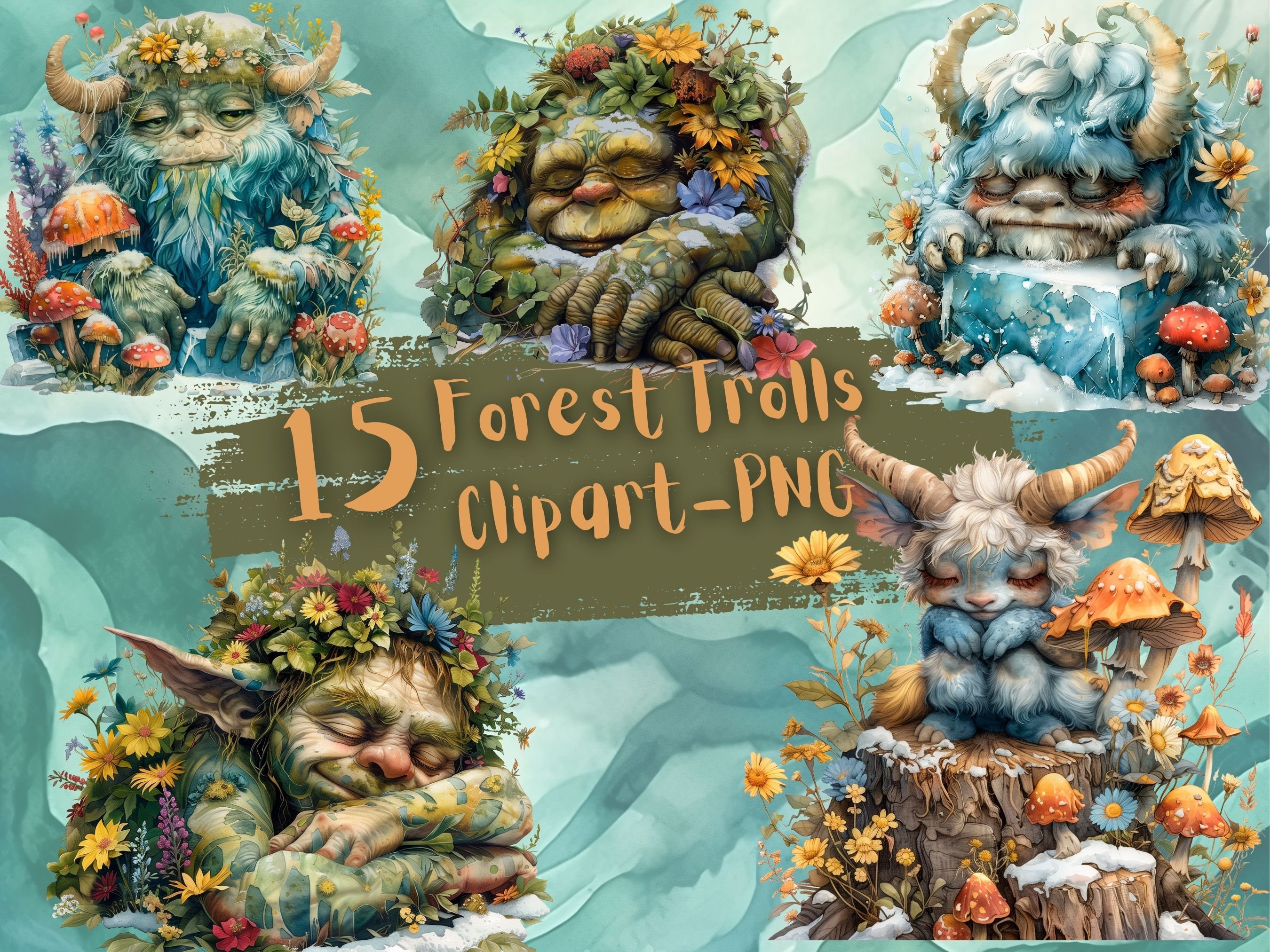 15 Forest Trolls, Png, Watercolor, Clipart, Scrapbook, Junk Journal ...