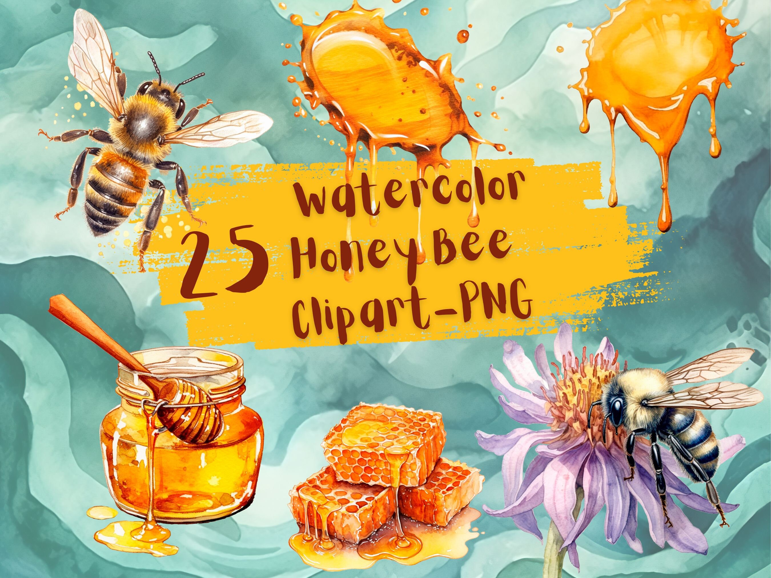 25 Watercolor Honey Bee Clip Art PNG, Digital Download, Paper Craft ...